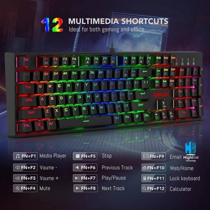 Redragon K565R-1 RUDRA Rainbow Backlit Mechanical Gaming Keyboard - High End Technology Store